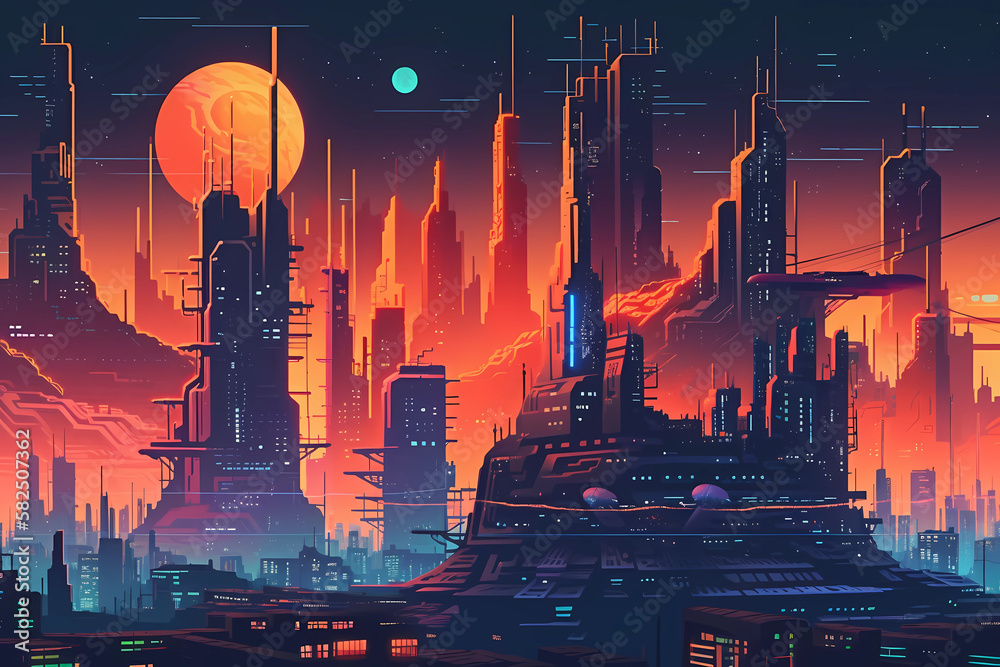 retro video game style landscape of a futuristic city. digital art ...