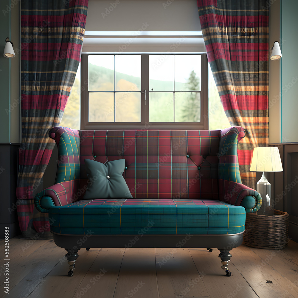 Tartan couch in a cozy modern living room interior with big windows ...