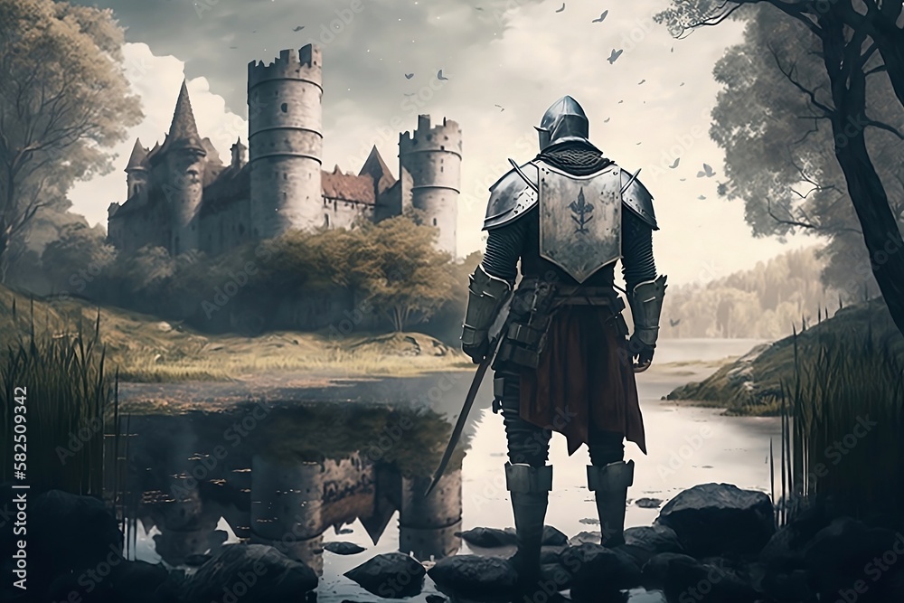 Medieval knight in a woodland landscape and looking at a ruined castle ...