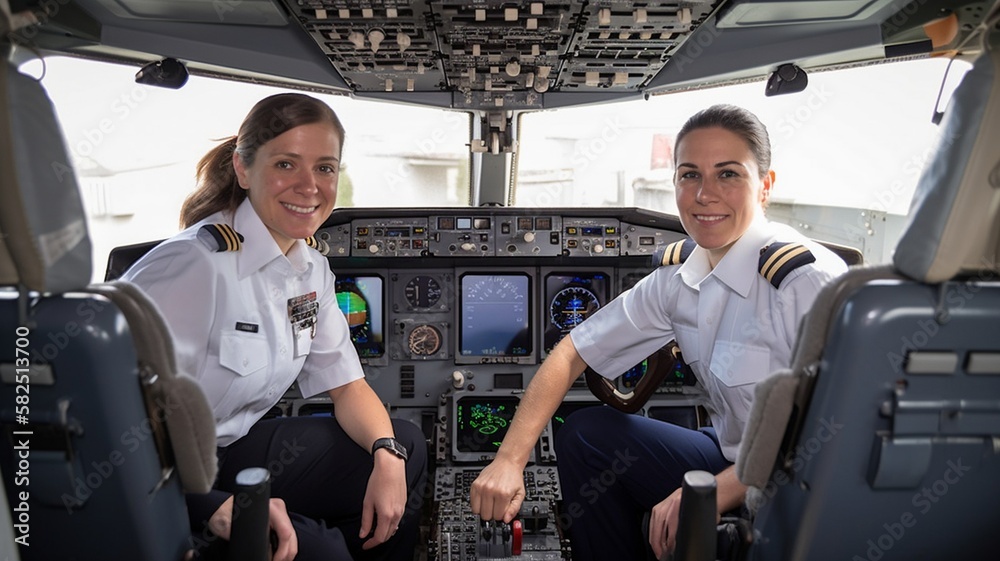 Generative AI pilot and female first officer on the flight deck Stock ...