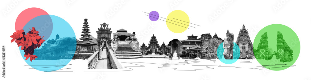 The collage on the theme of Bali, Indonesia. Tamples. Travel and ...
