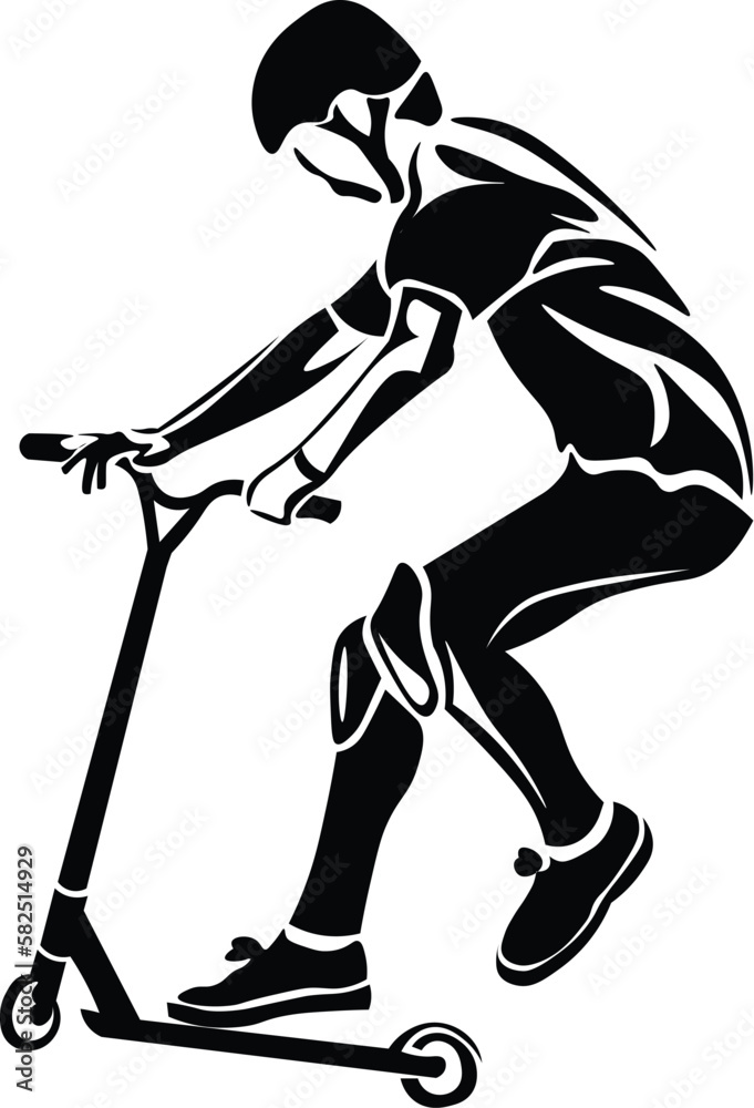 Black and White Cartoon Illustration Vector of a Scooter Trick Stunt ...