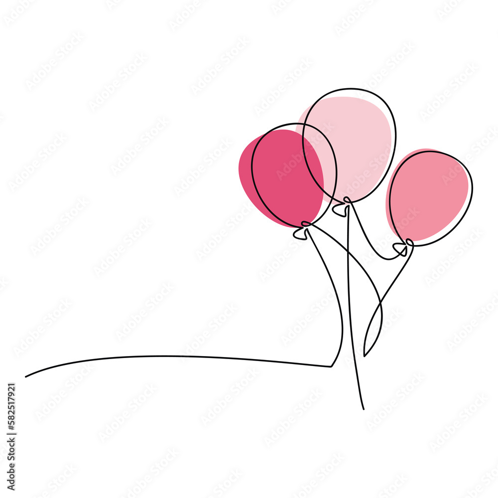 Pink air balloons vector one line continuous drawing illustration. Hand ...