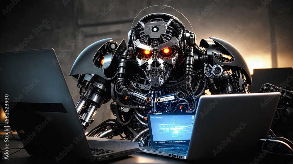 low angle view of a scary silver metallic angry dangerous android robot ...