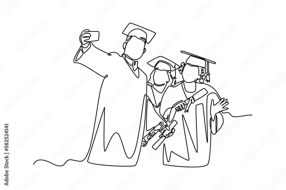 Continuous one-line drawing graduates taking a photo together. Class of ...