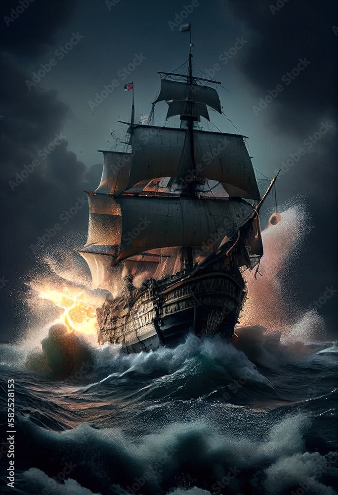 A pirate ship on the high seas during a storm. An old ancient pirate ...