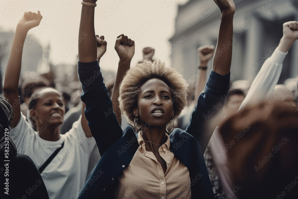 Black women march together in protest. Arms and fists raised in the for ...