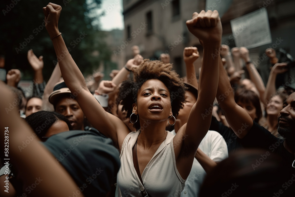 Black woman marching in protest with a group of protestors with their ...