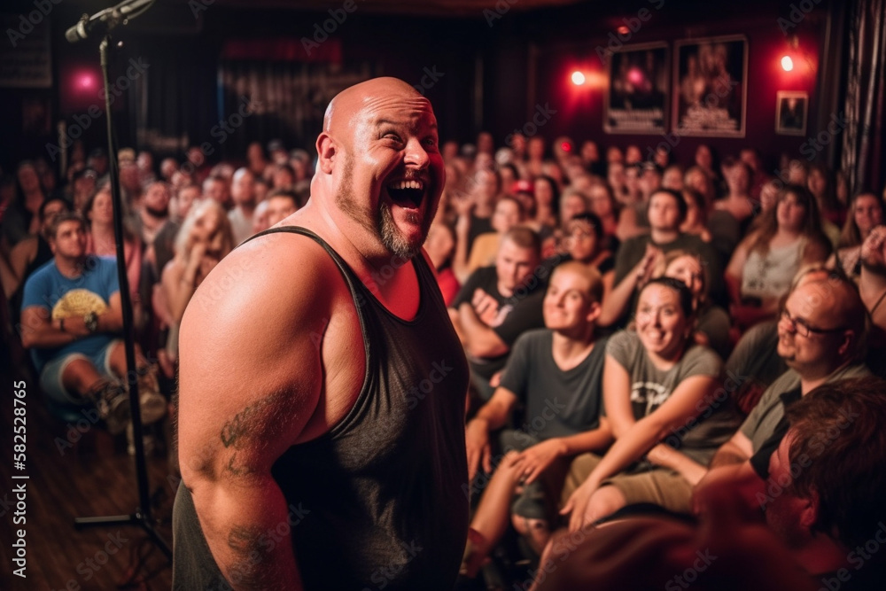 Overweight comedian telling jokes at a comedy club with a laughing audience. generative AI Stock ...