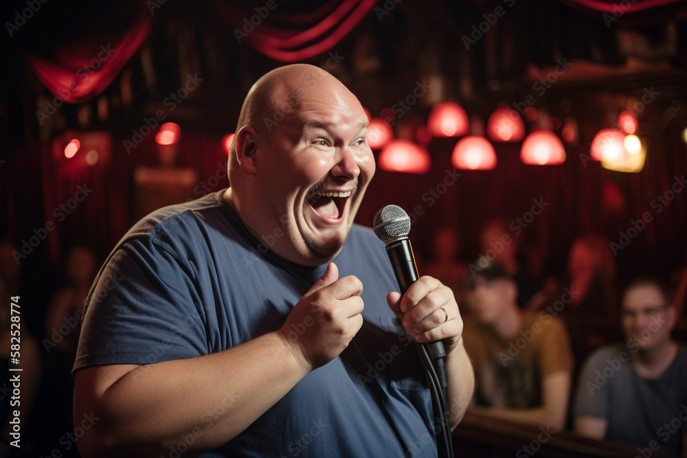 Overweight comedian telling jokes at a comedy club with a laughing ...
