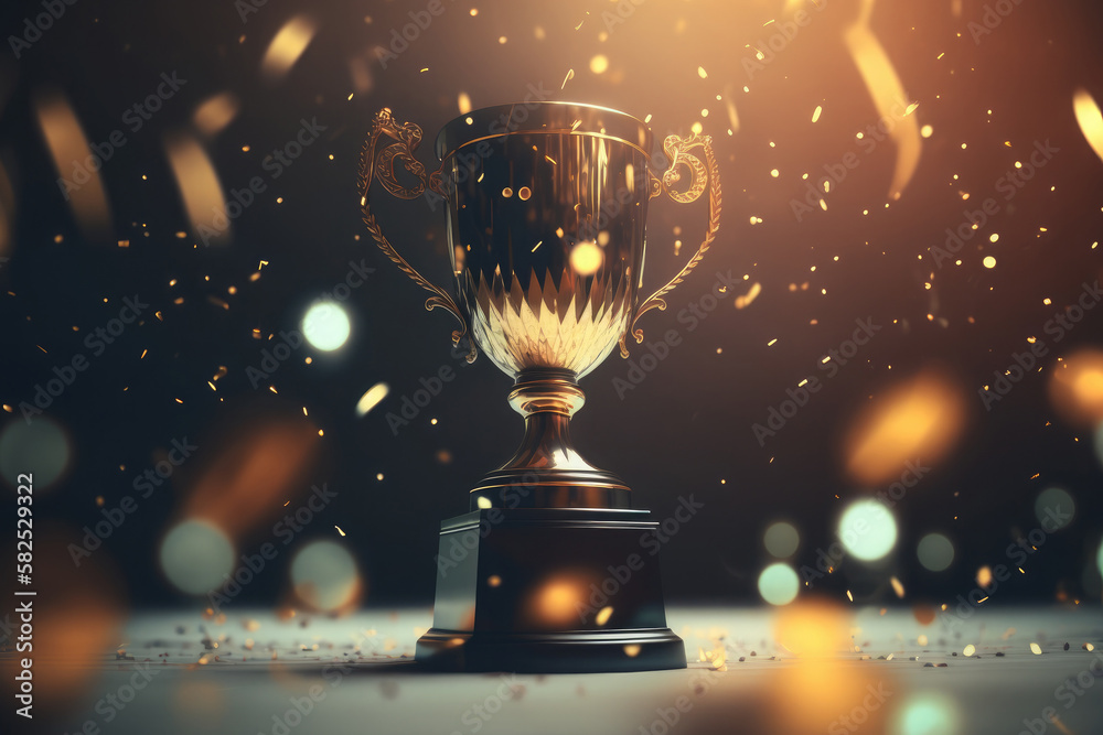 Golden champion trophy cup winner on blur bokeh dark lights background ...