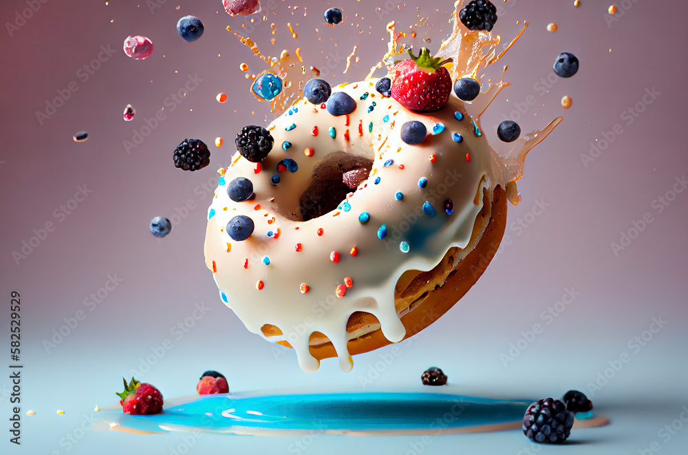 ภาพประกอบสต็อก Generative AI Background illustration of Donuts floating ...
