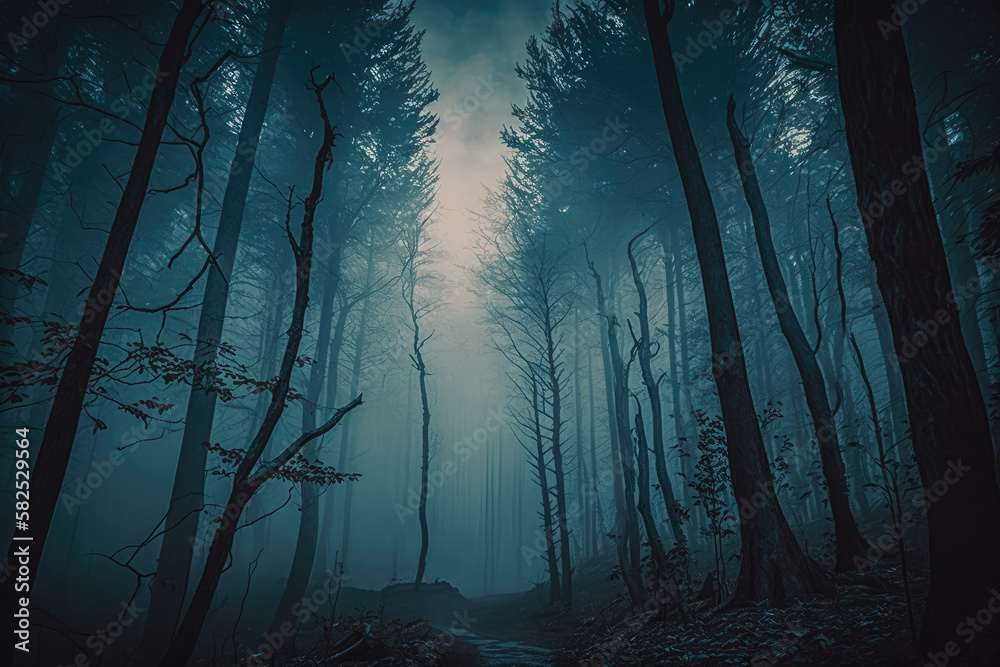 Dark rainforest sun rays through trees with dense fog digital ...