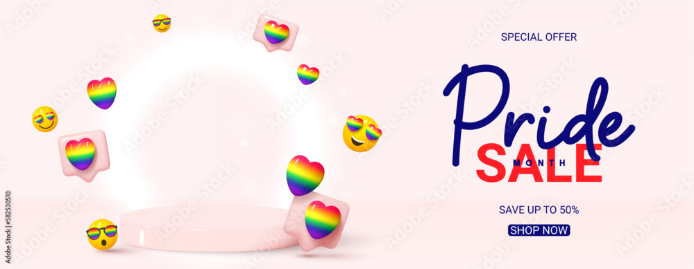 Vector banner for Pride Month sale. Neon circle with podium, smiles ...