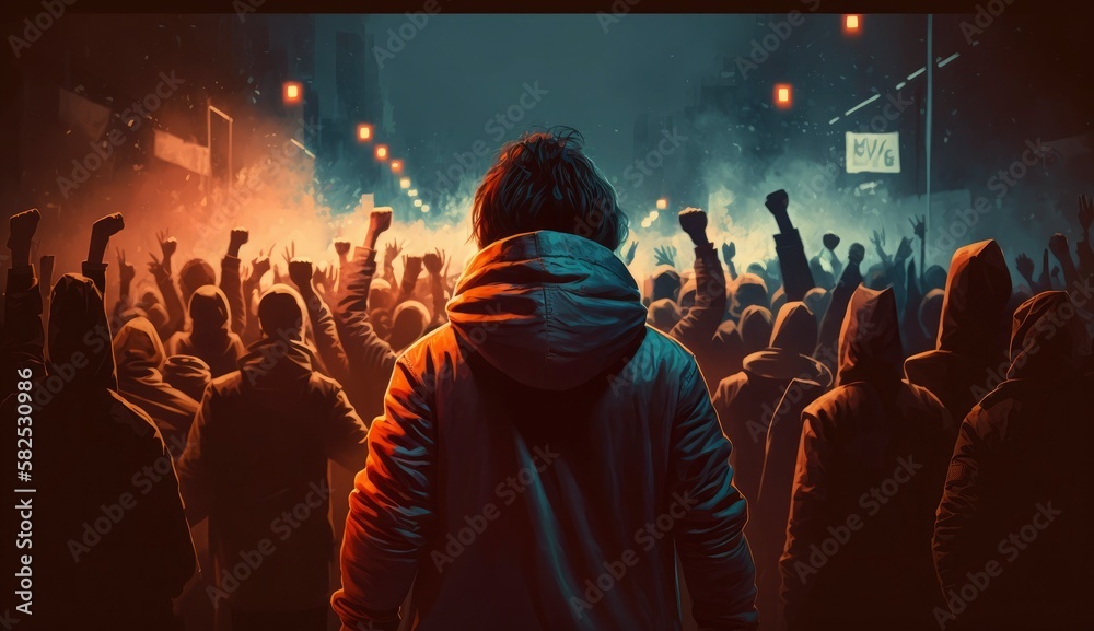 Back view of aggresive people protesting at city street. Protest ...