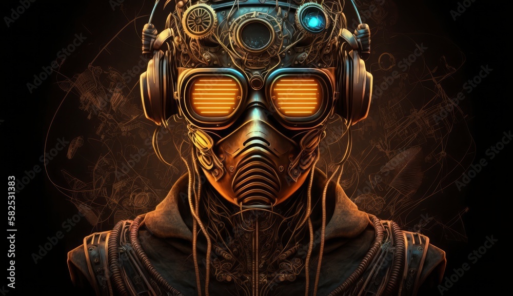 Steampunk cyborg wearing vr helmet on dark background. Virtual ...