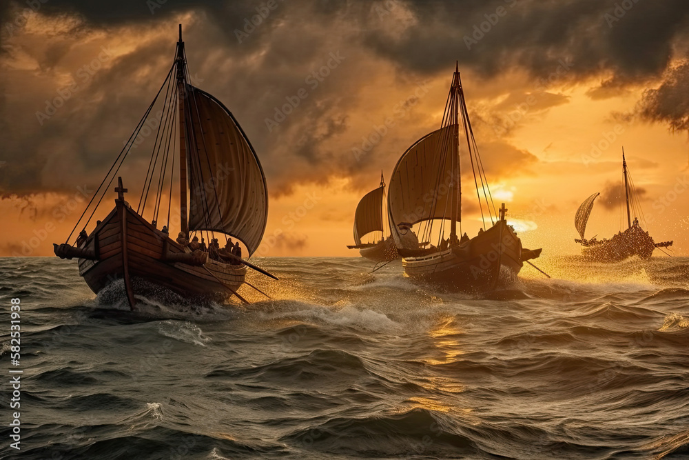 Viking ships on sunset. Wooden boats of the Vikings setting out to ...