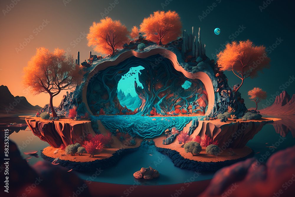 imaginary surreal world with lots of magic and vivid colors, with ...