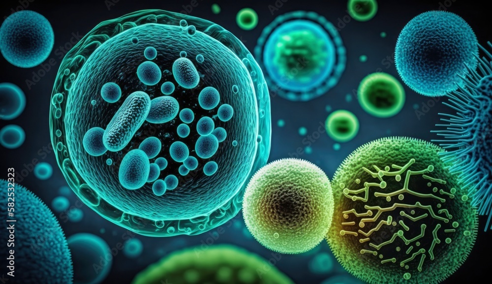 Macro shot of different types of microbes. Virus cells and bacteria on ...