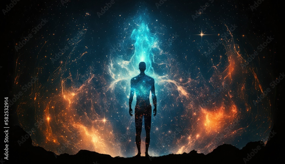 Astral body silhouette with abstract space background. Esoteric ...