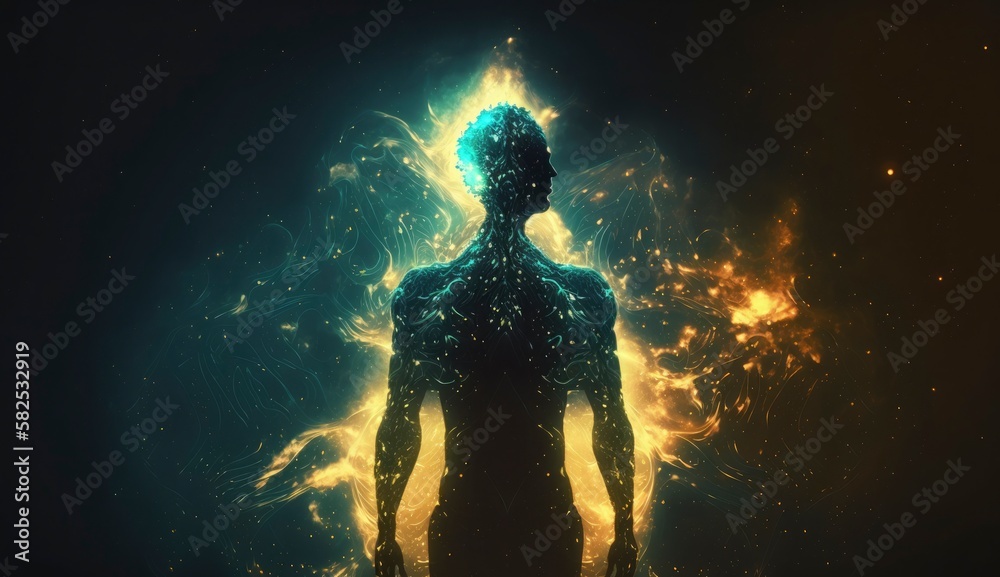 Astral body silhouette with abstract space background. Esoteric ...