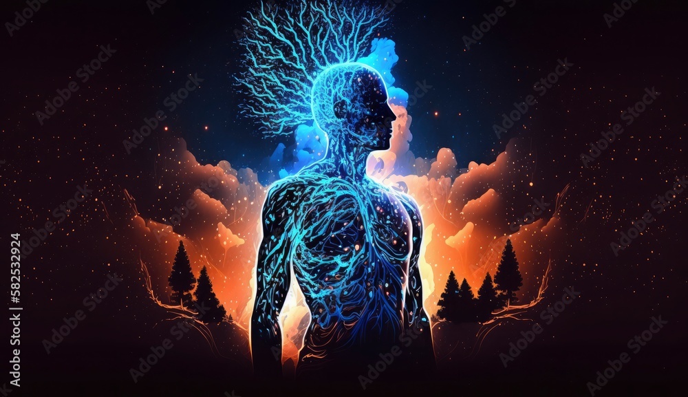 Astral body silhouette with abstract space background. Esoteric ...