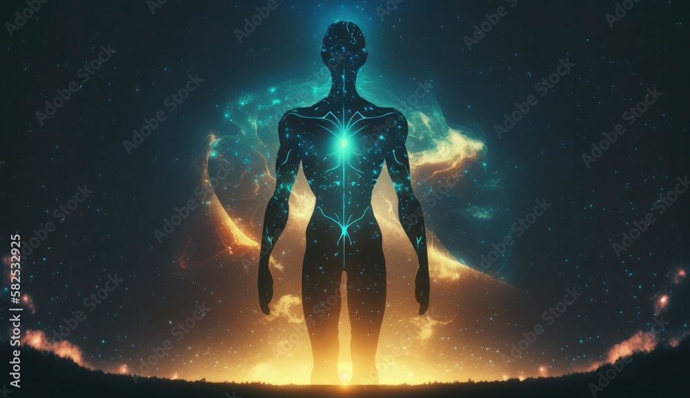 Astral body silhouette with abstract space background. Esoteric ...