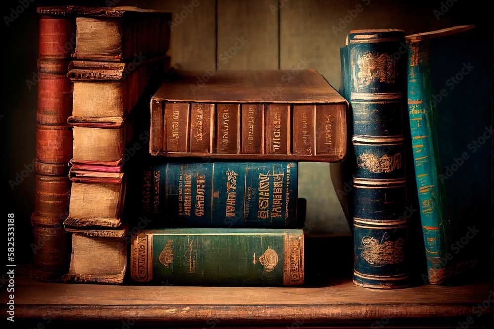 Antique books in a library. A dusty old library with many books ...