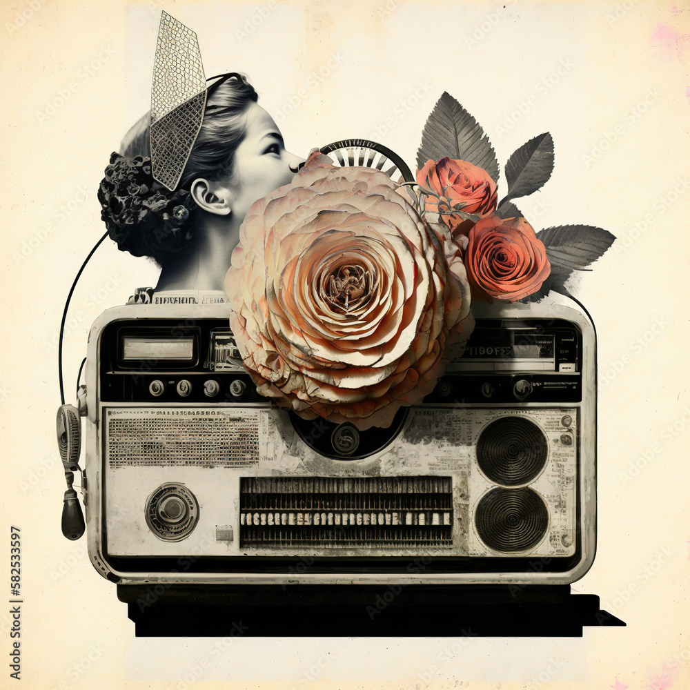 Collage with vintage photos of radio, tape recorder, rose and ...