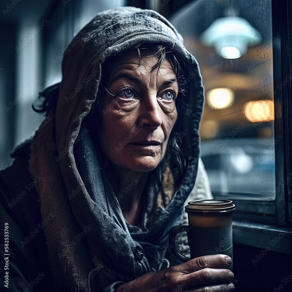 Generative AI - A homeless woman with a hood on holding a cup of coffee ...