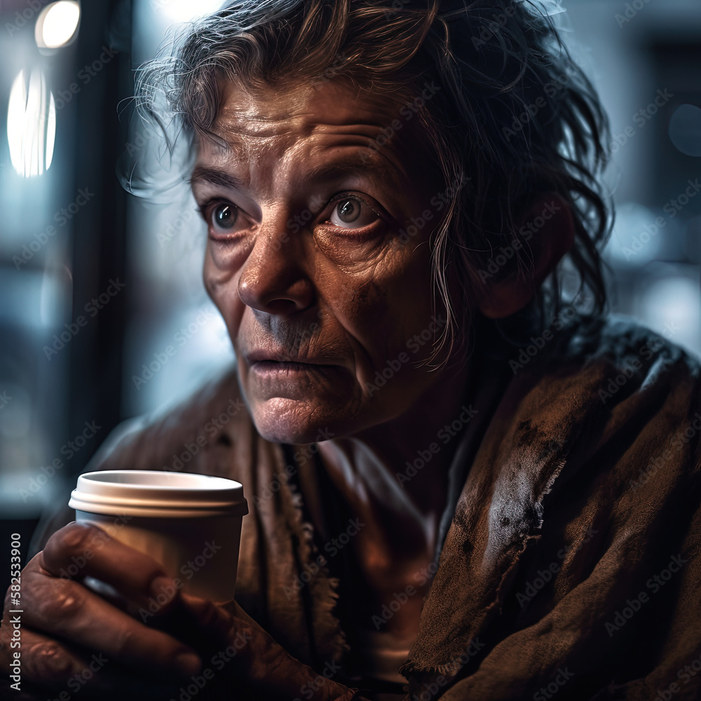 Generative AI - A homeless woman holding a cup of coffee looking at the ...