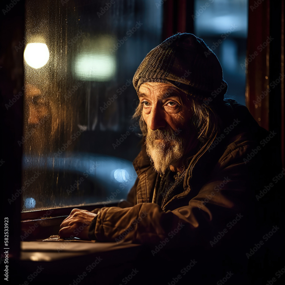 Generative AI - A homeless man with a beard and a hat sitting in front ...