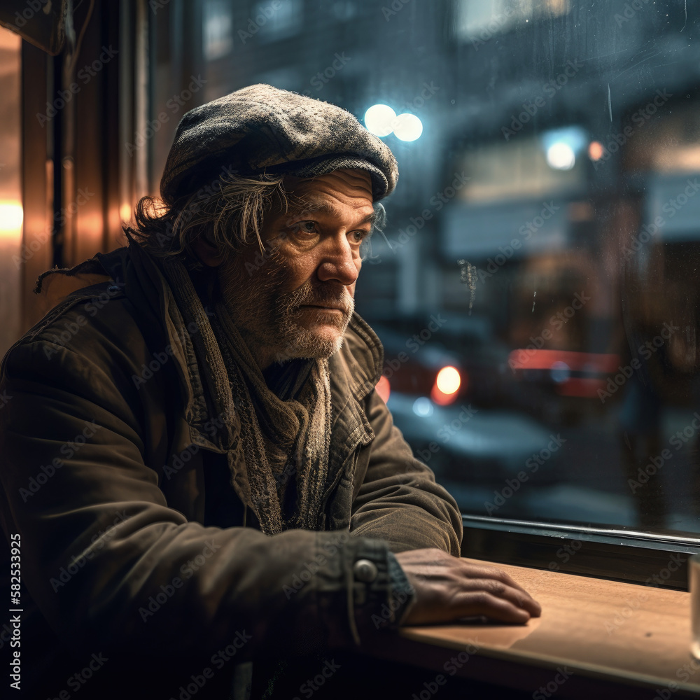 Generative AI - A homeless man looking out a window at night time in a ...