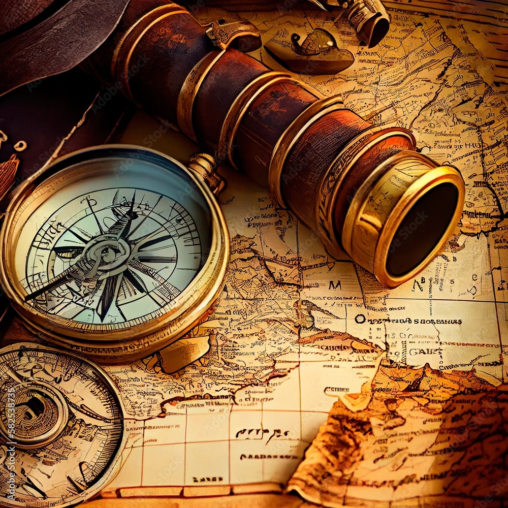 An ancient pirate map in the cabin of a pirate ship. Image of an ...