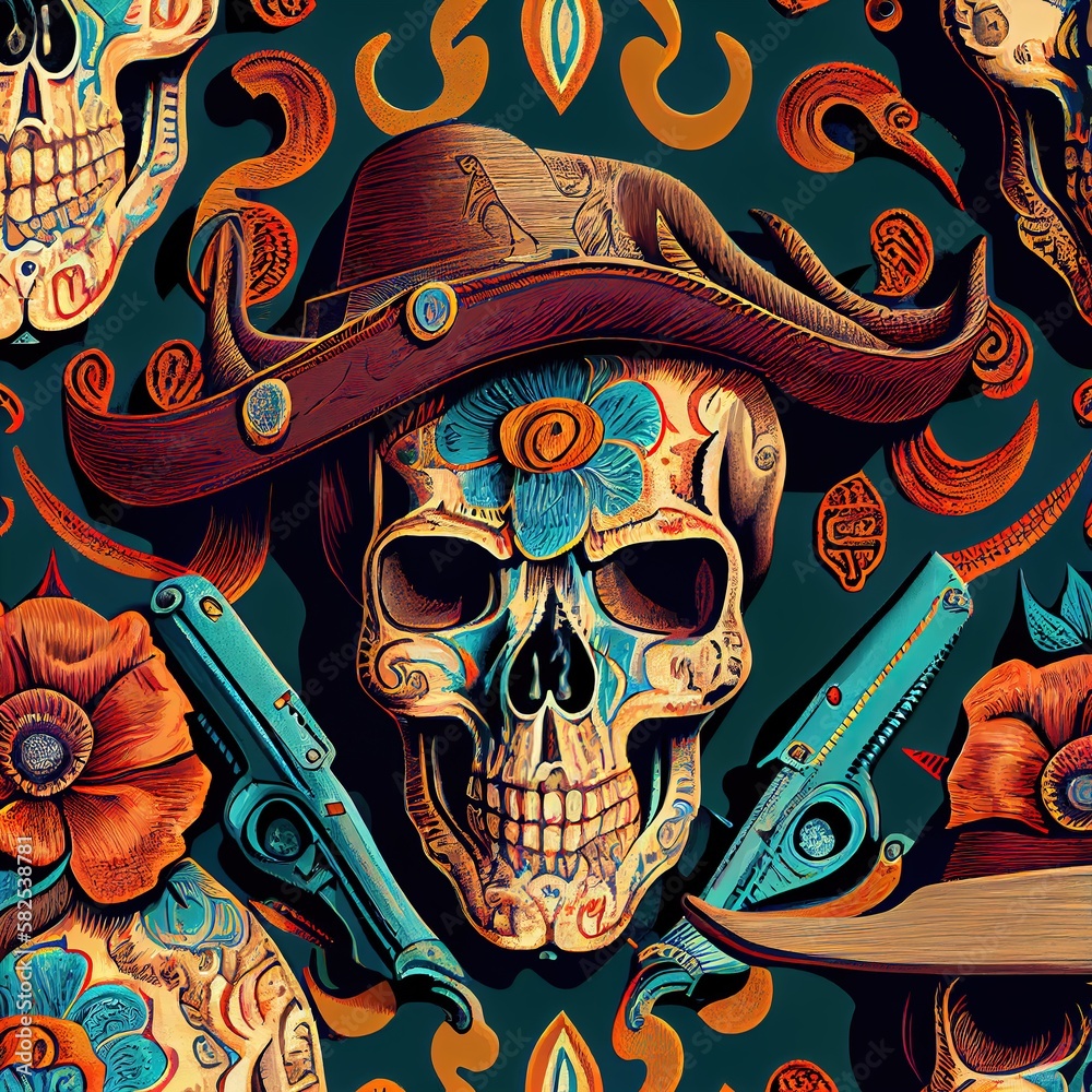 Old skulls with cowboy hats and vintage guns. Generative AI Art. Stock ...