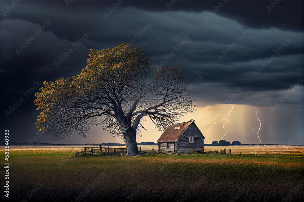 barn on a farm against the backdrop of an approaching storm. Generative ...