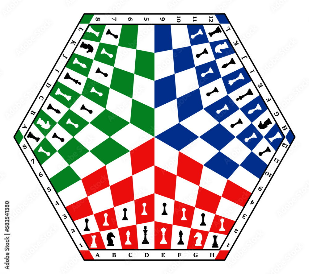 Hexagonal chessboard for three players with chess pieces. Chess pieces in flat style ...