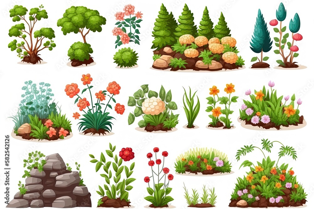 Set of cartoon garden landscaping elements for garden scene creation ...