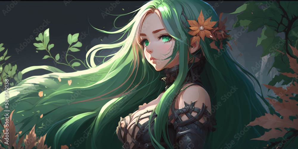 anime girl long green haired woman, plants genshin impact character ...