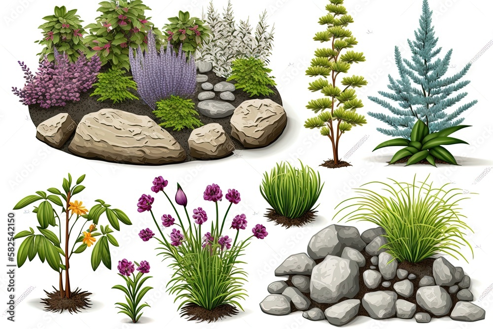 Set of cartoon garden landscaping elements for garden scene creation ...