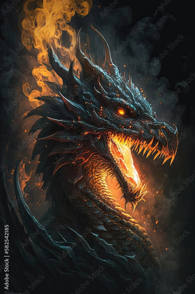 Black dragon portrait breathing golden fire shrouded in smoke on a dark ...