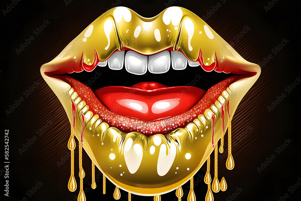 Gold Paint from the lips. Golden lips on beautiful model girls mouth. Make-up. Beauty makeup ...