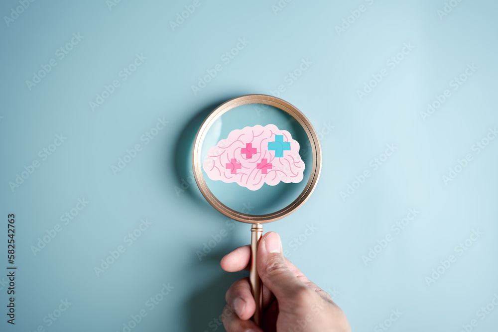 Magnifier focus to human brain icon and plus sign positive thinking ...
