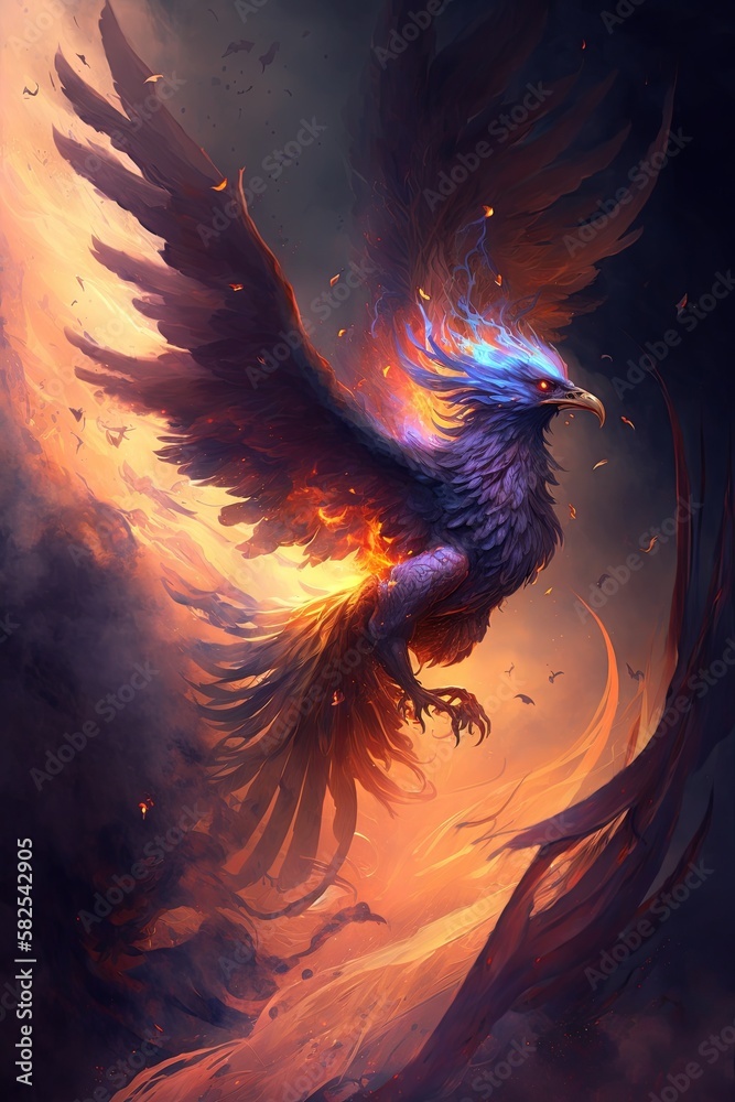A phoenix wreathed in flame with fluorescent feathers with smoldering ...