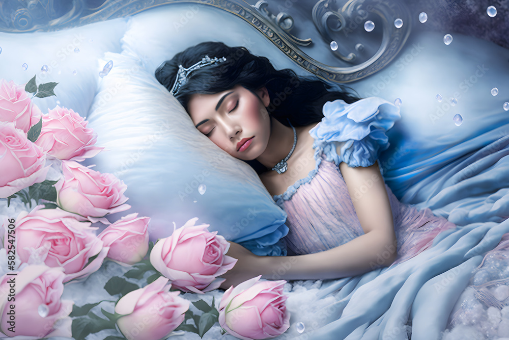 Fantasy woman sleeping beauty lies sleep with flowers. Neural network ...