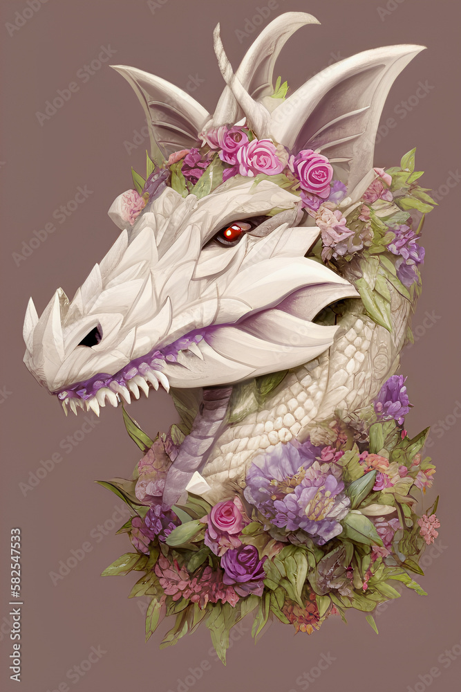 Pink and green colored dragon portrait, watercolor illustration ...