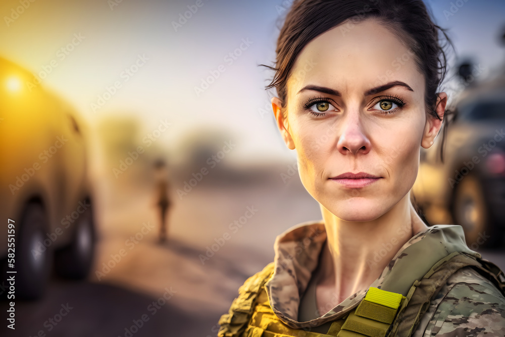 Pretty female soldier portrait. Neural network AI generated art Stock ...