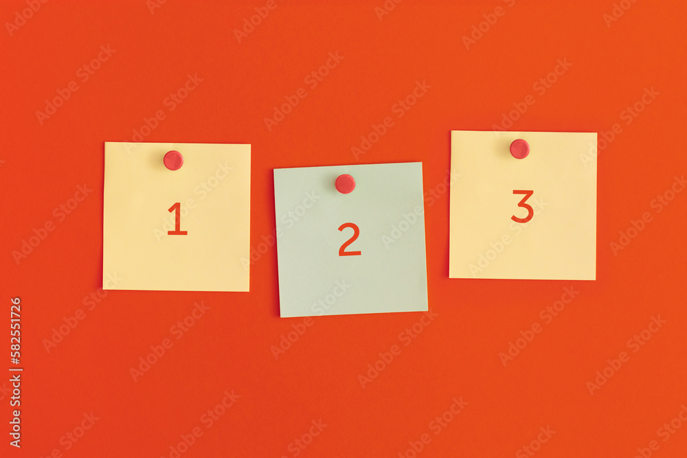 Mock up sticky notes with numbers on red background. Step by step ...