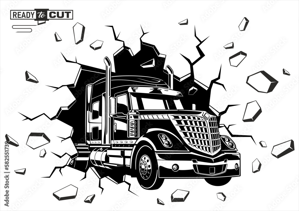 Classic american semi truck. Isolated vehicle with crashed wall, hole ...