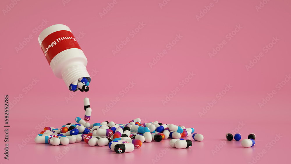 3D rendering of various popular social logos as drug pills pouring out ...